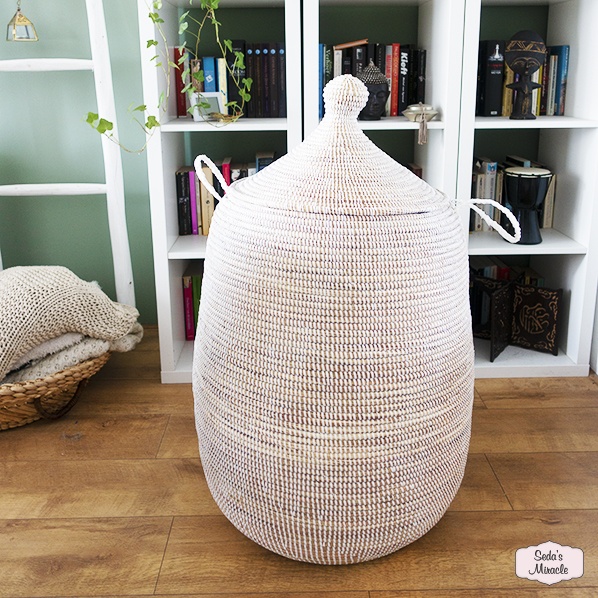 Traditional handmade African white laundry basket